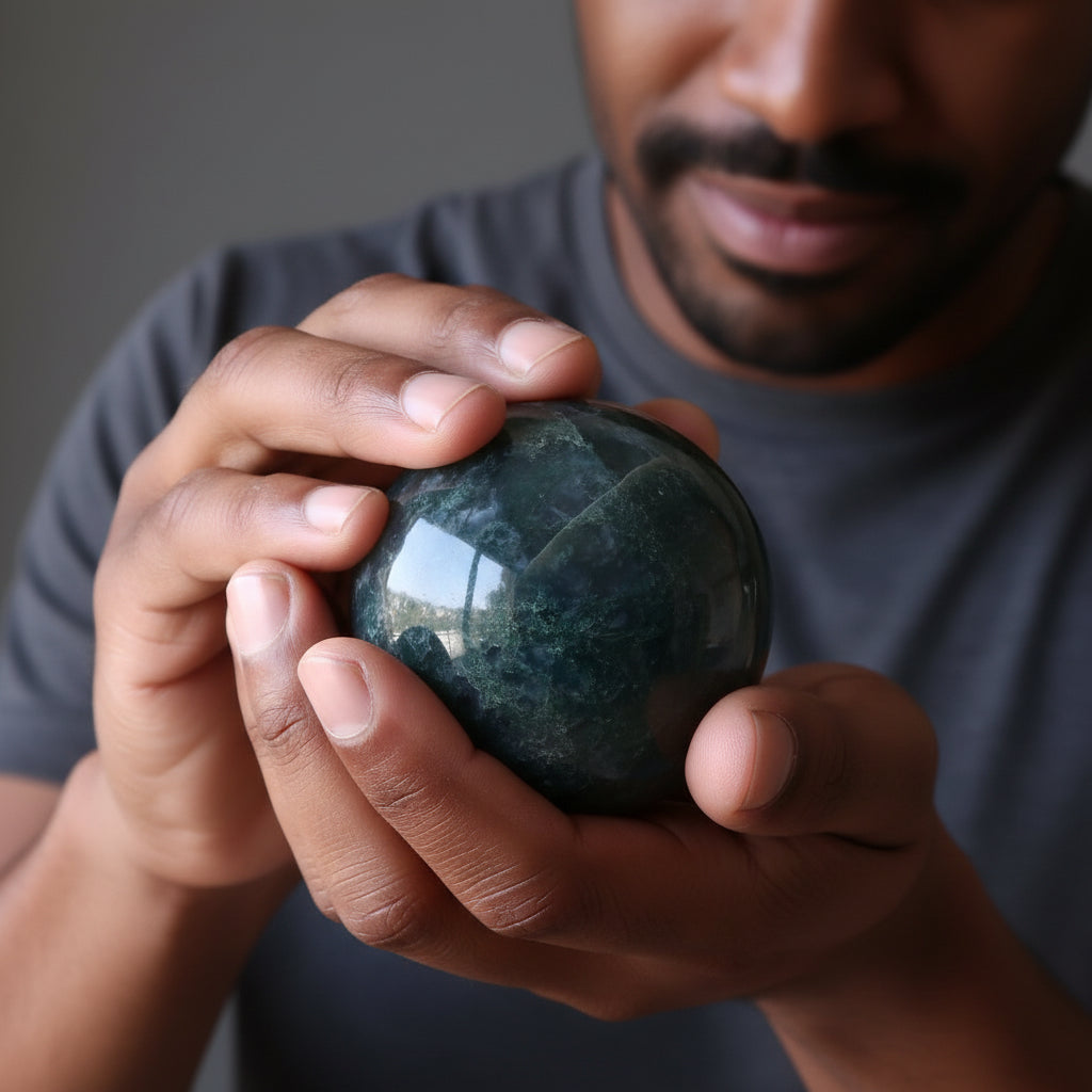 Moss Agate Sphere Thrive Crystal Ball — Satin Crystals
