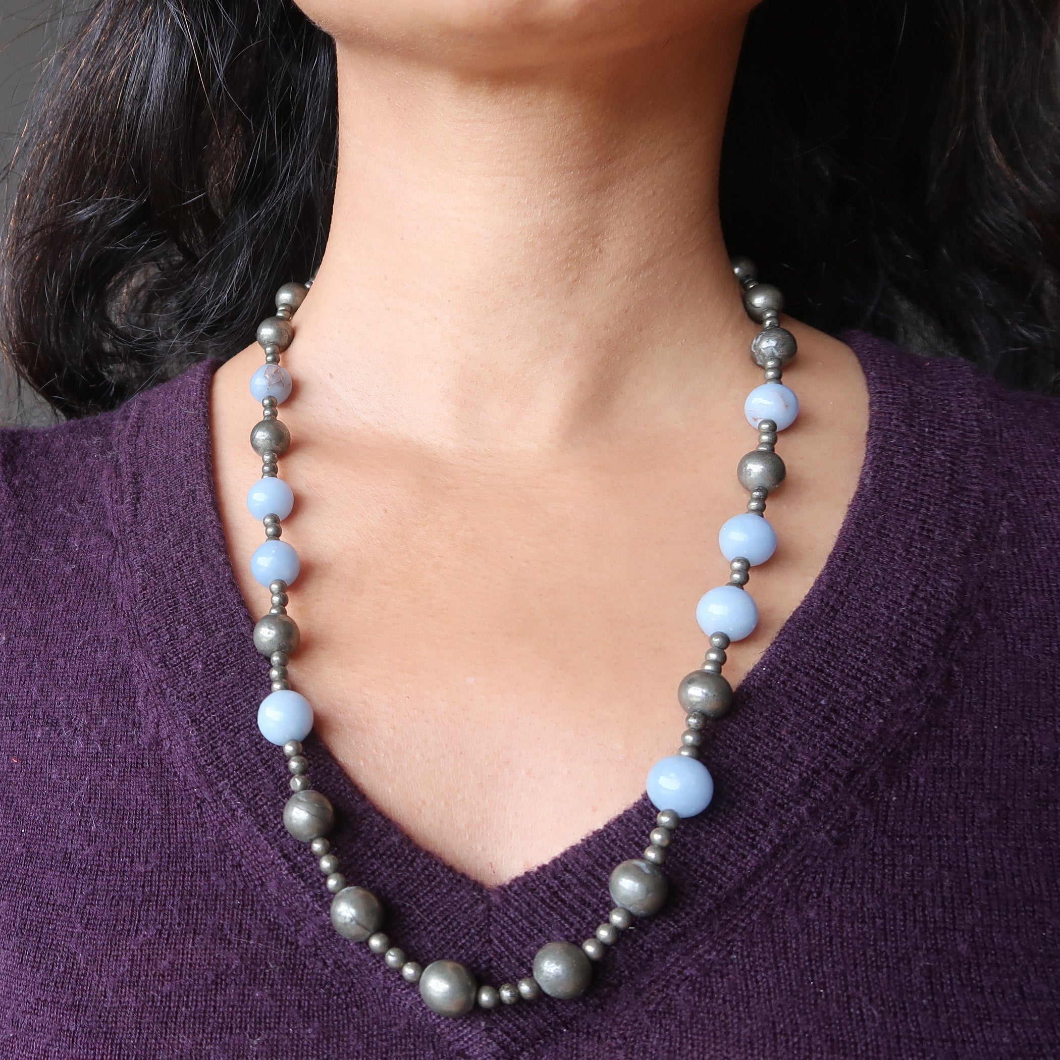 Angelite Necklace Pyrite Beads Heaven Meets Earth — Satin Crystals