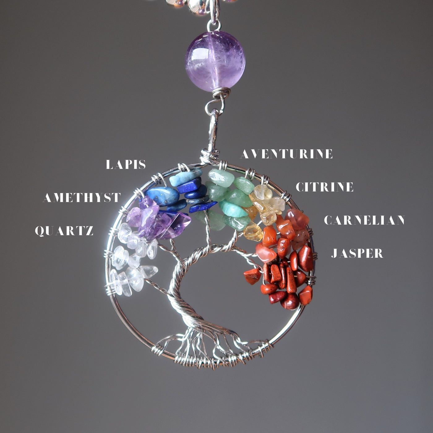 Fluorite Chakra Necklace Tree of Life Rainbow Healing Stones — Satin ...