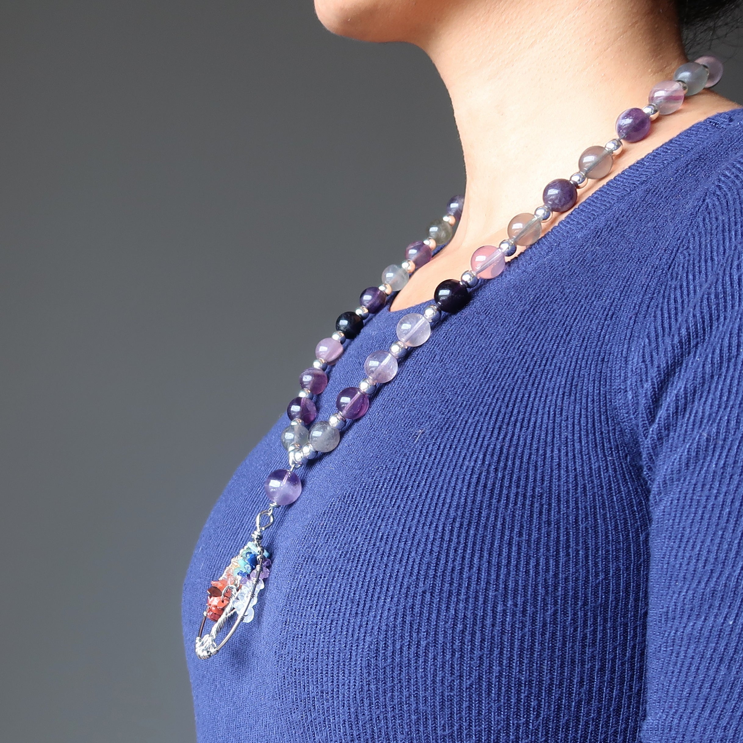 Fluorite Chakra Necklace Tree of Life Rainbow Healing Stones — Satin ...