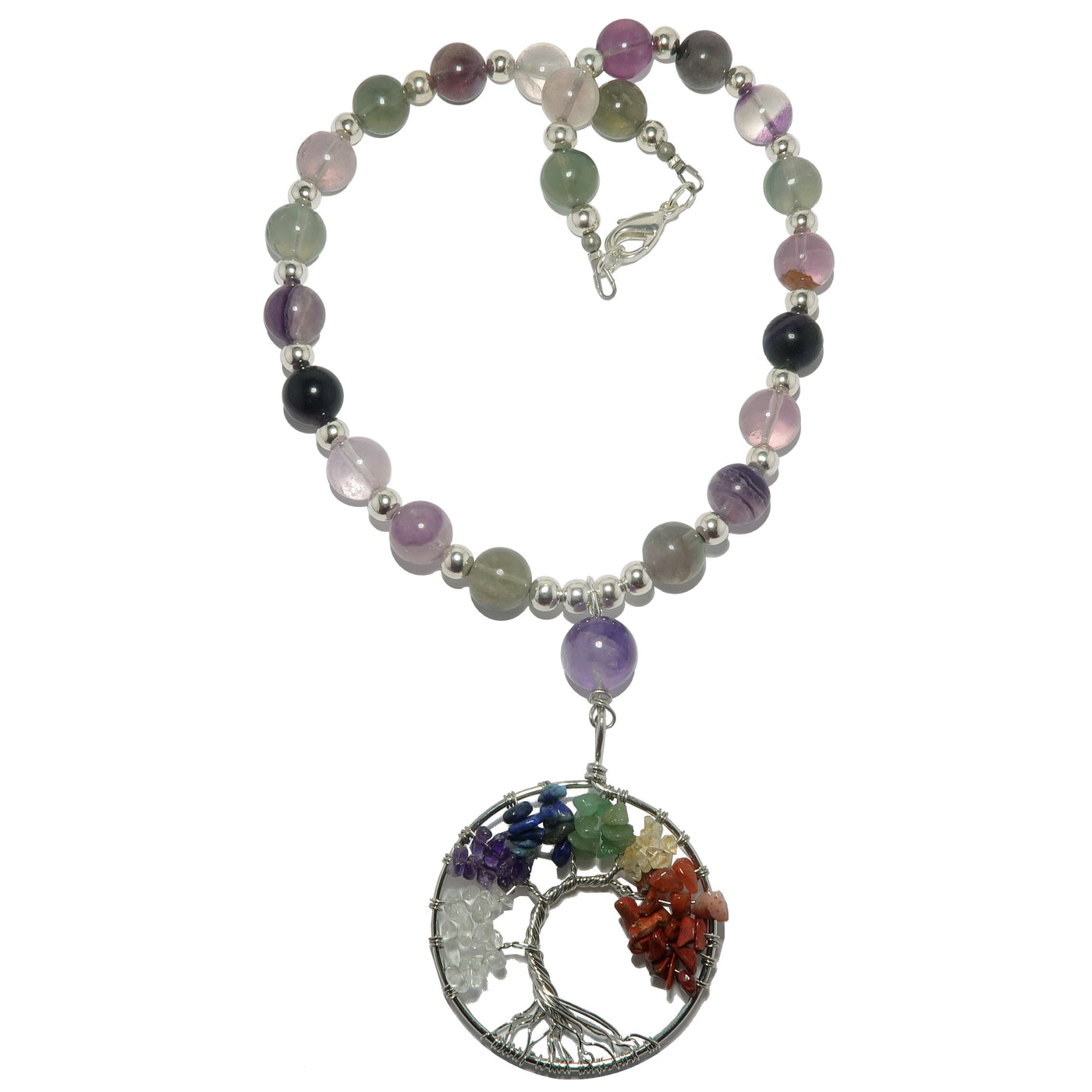 Fluorite Chakra Necklace Tree of Life Rainbow Healing Stones — Satin ...