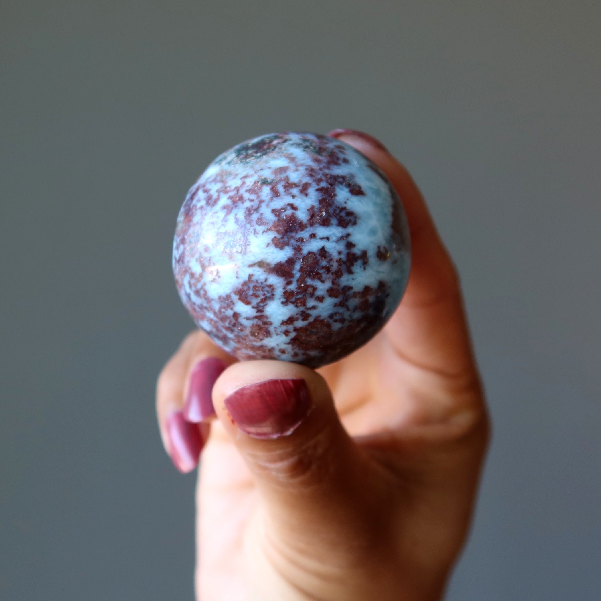 Larimar Sphere Red Hematite Fire in Sky Crystal Ball — Satin Crystals
