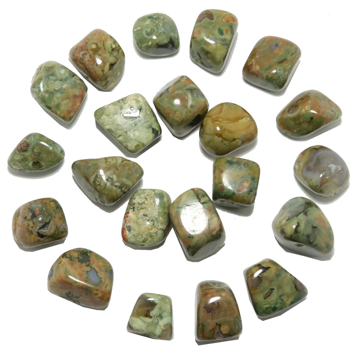 Rhyolite Tumbled Stones Sound of the Rainforest Green Gem — Satin Crystals