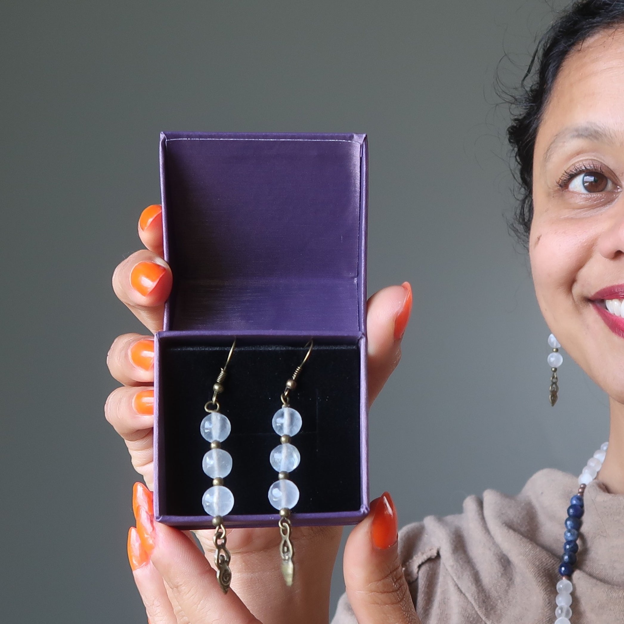 Selenite Earrings Goddess Moon White Gems — Satin Crystals