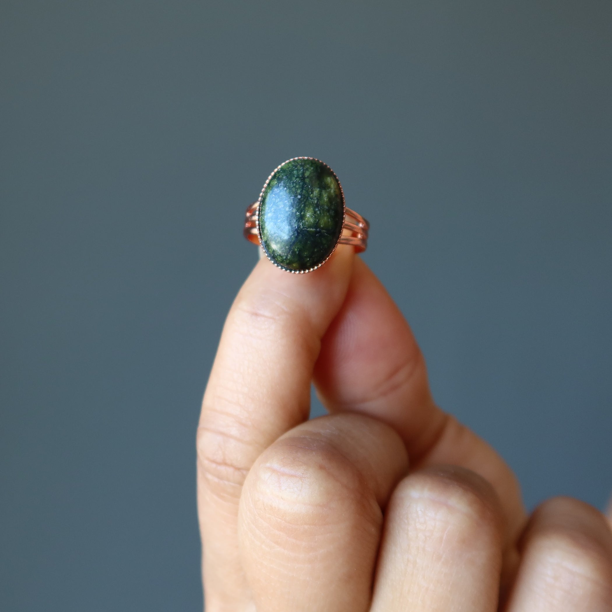 Serpentine Ring Adjustable Copper Green Oval Stone — Satin Crystals