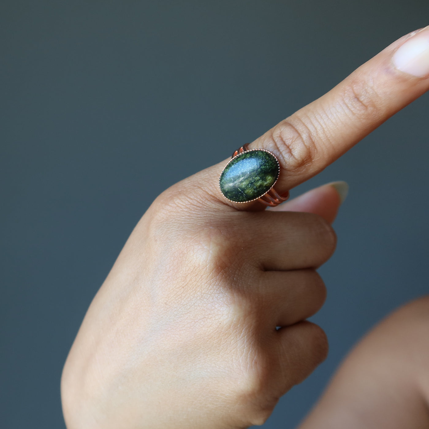 Serpentine Ring Adjustable Copper Green Russian Oval Stone — Satin Crystals