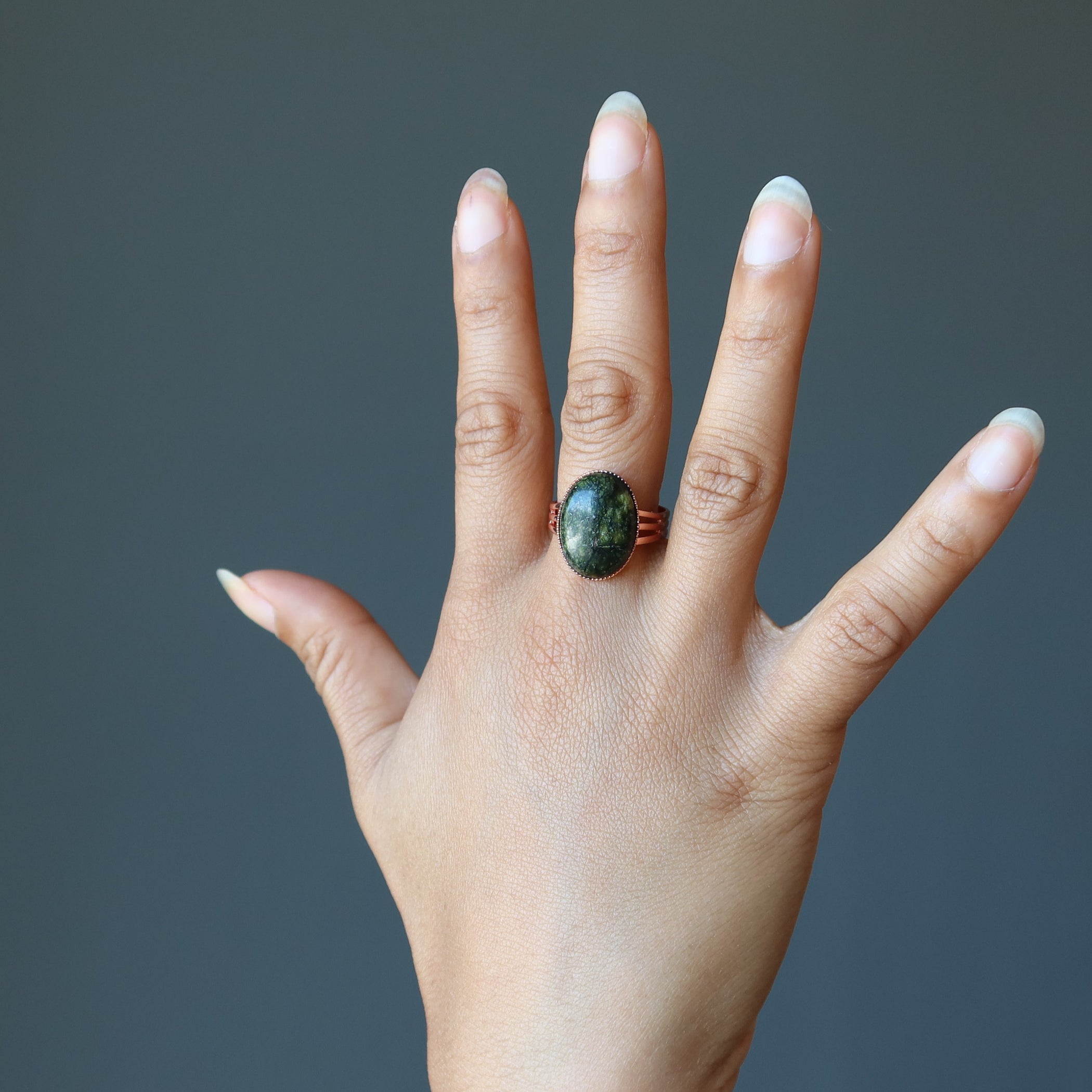 Serpentine Ring Adjustable Copper Green Russian Oval Stone — Satin Crystals