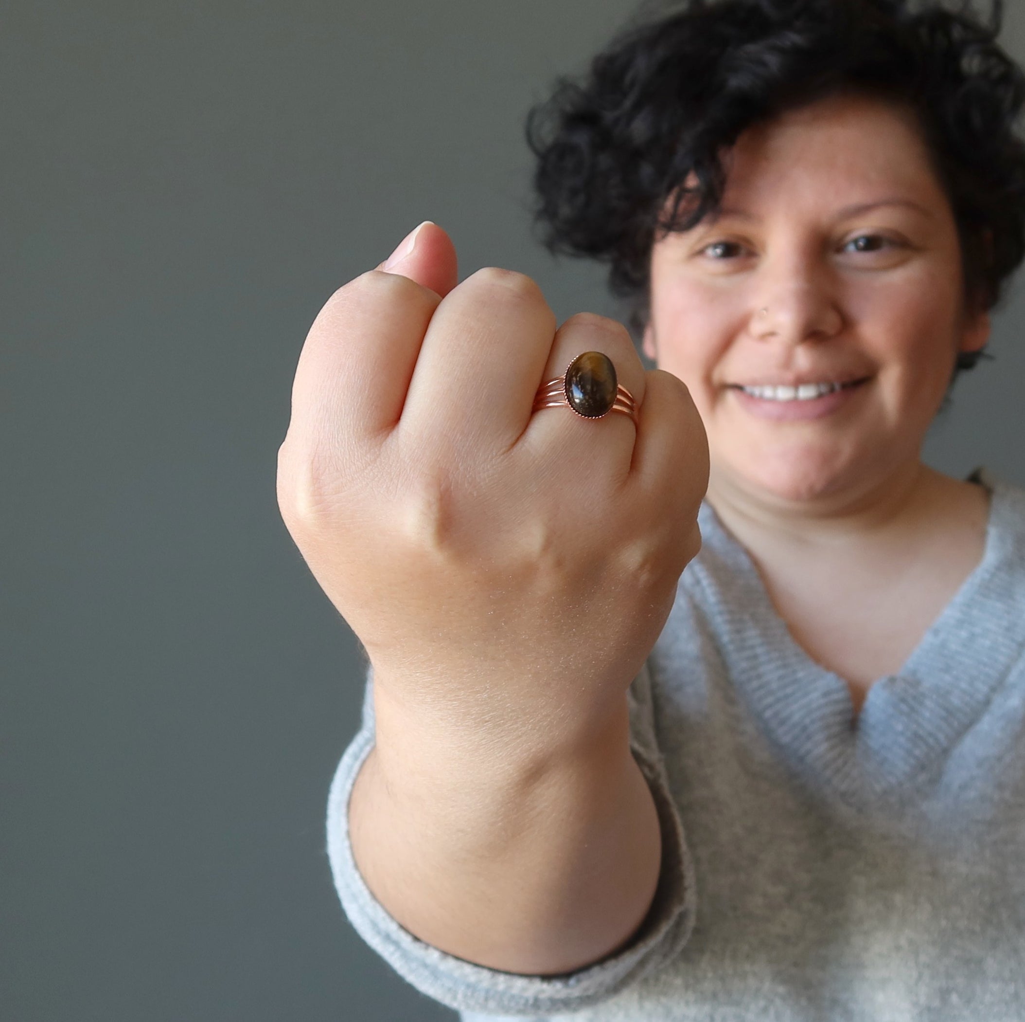 Tigers Eye Ring Golden Brown Nature Gem Adjustable Copper — Satin Crystals