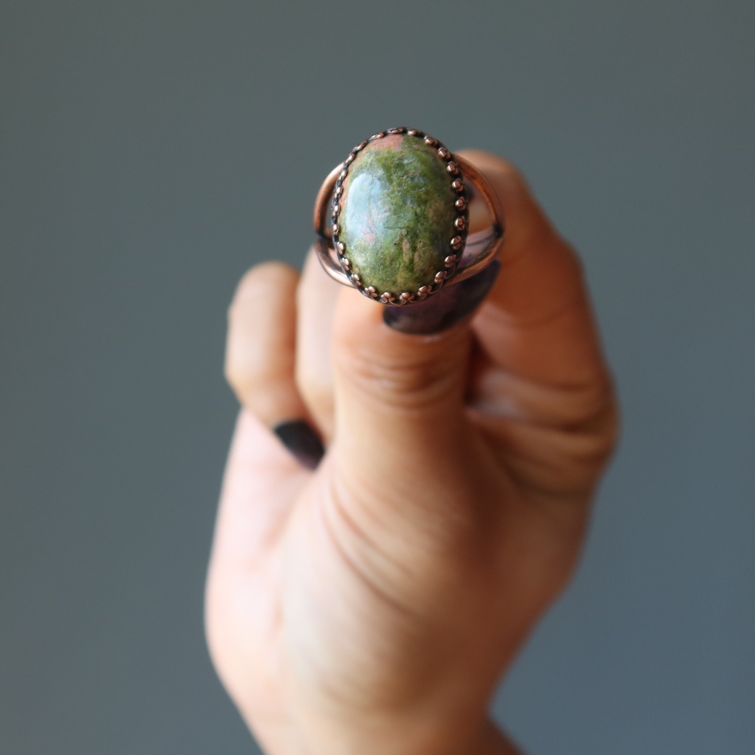Unakite Ring Planet Earth Antiqued Copper Adjustable — Satin Crystals